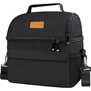 Naukay Dual Compartment Lunch Bag, Lunch Box for Women Men, Reusable Insulated Lunch Bags Cooler Tote Box with Adjustable Shoulder Strap for Office Work Picnic Hiking Beach Party Fishing- Black