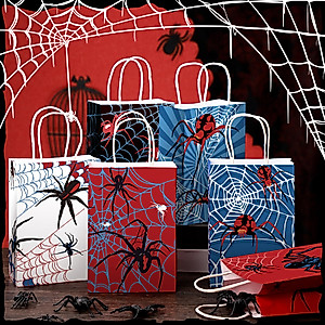 Epakh 24 Pcs Spider Party Favors Bags with Handles Spider Birthday Party Decorations Double Sided Spider Web Printed Goodie Candy Bags for Kids Boys Spider Party Favors(Black, Red, blue,Classic)