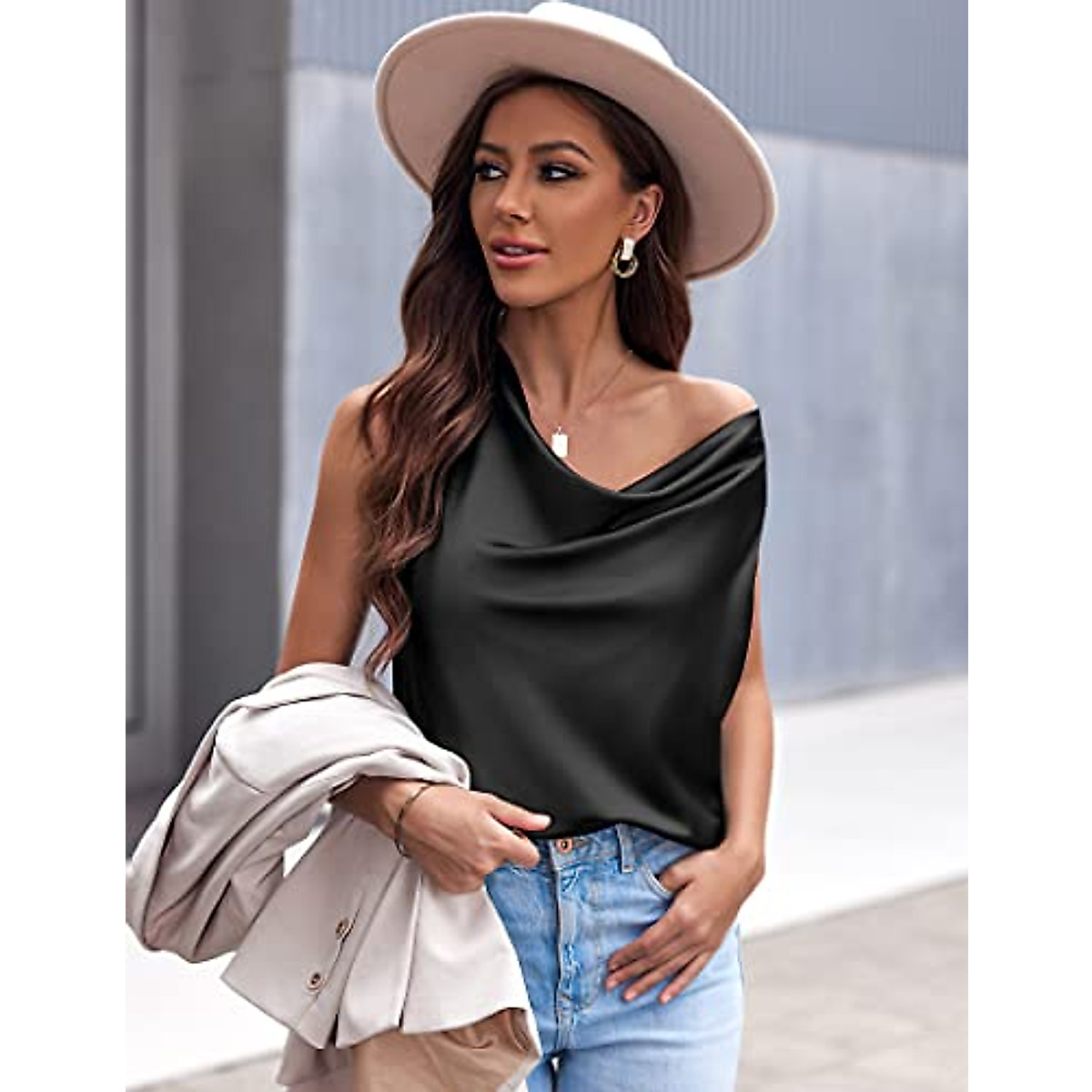 Ekouaer Satin Pajama Set Sleeveless Pajamas for Women Silk Soft Sleepwear 2 Piece Shorts Set Loungewear Black