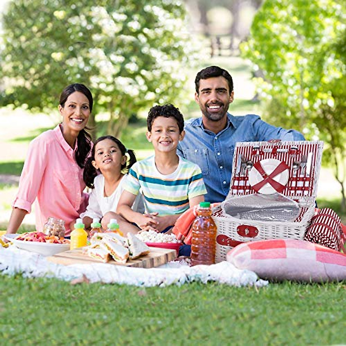 Picnic Basket for 4 Person Wicker Picnic Hamper with Waterproof Blanket, Insulated Cooler Compartment & Tableware Set (White/Red)