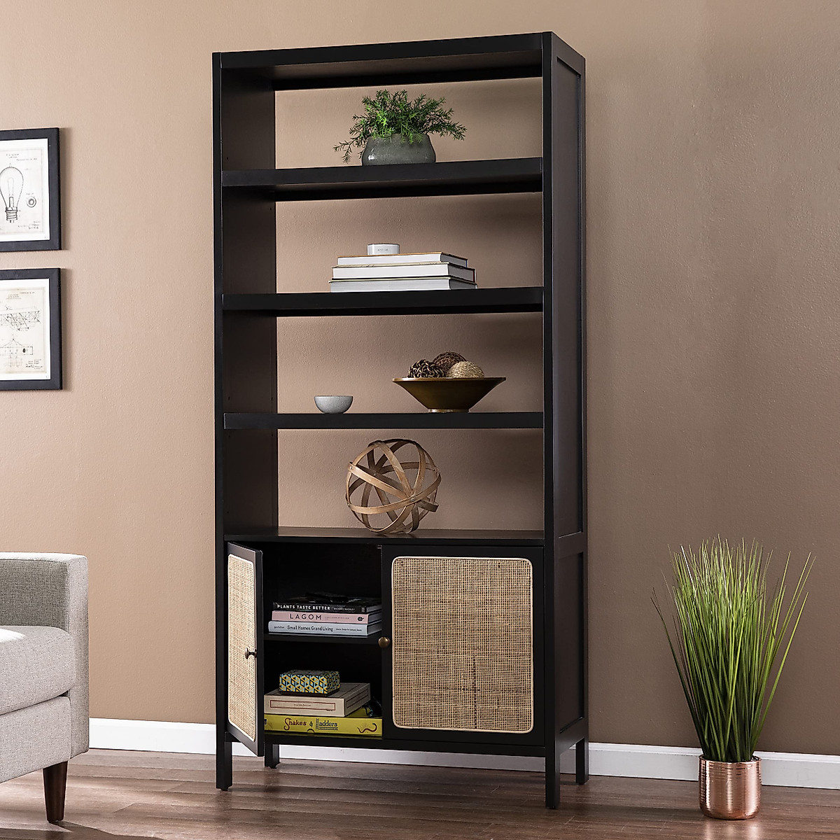 SEI Furniture Carondale Bookshelf, Standard, Black, Gold, Natural