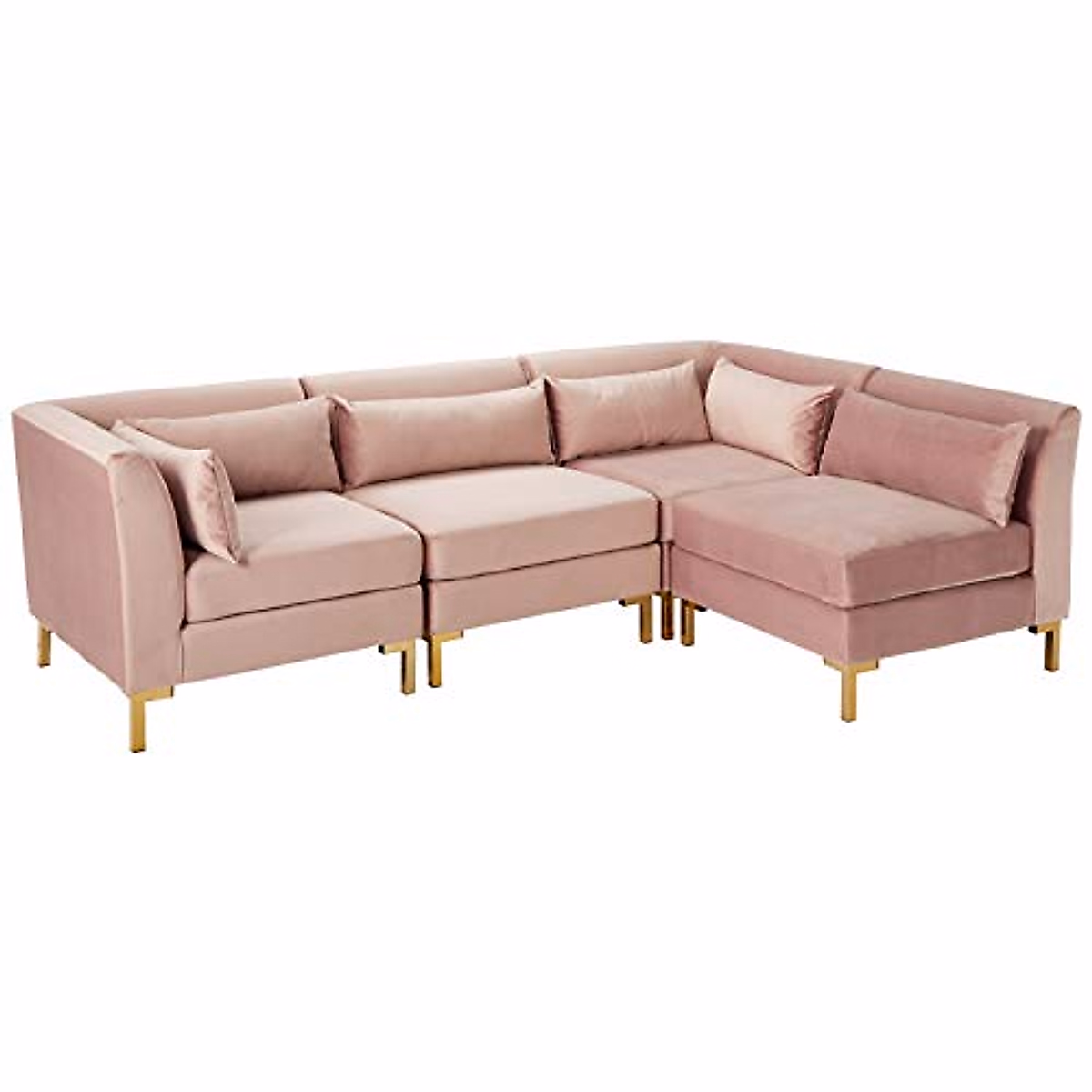 Iconic Home Girardi Modular Chaise Sectional Sofa Velvet Upholstered Solid Gold Tone Metal Y-Leg with 6 Throw Pillows Modern Contemporary, Blush