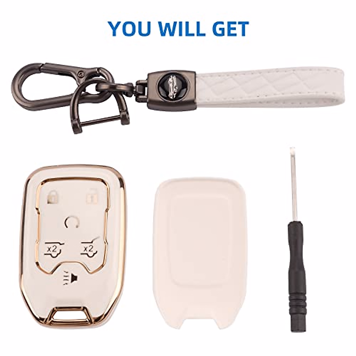 Jimtyee for GMC Key Fob Cover with Leather Lanyard Keychain Key Fob Case Shell Protection for Chevy Silverado Tahoe Suburban GMC Sierra Yukon Smart Remote Key Protector(White)