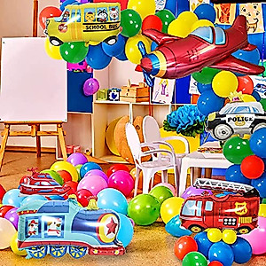 Transportation Party Decorations for Boys, 49PCS Construction Happy Birthday Supplies Vehicle Traffic Theme Baby Shower Red Green Blue Garland Kit for 2nd 1st with Car Plane Train Police Balloon Banner