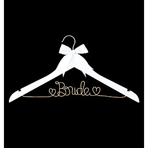 Ella Celebration Bride to Be Wedding Dress Hanger Wooden and Wire Hangers for Brides Gowns, Dresses (White with Light Gold and Bow)