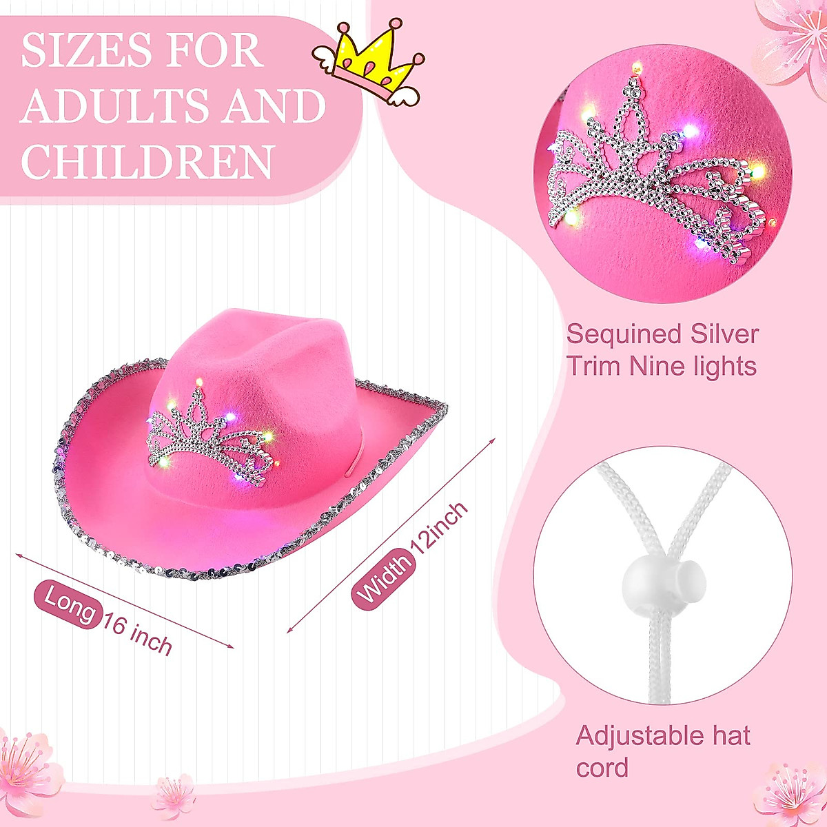 Zhanmai 12 Pcs Lighted Cowgirl Hat with Heart Glasses and Bandana, Cowboy Hat with Tiara Crown for Girls (Pink, Glitter Style)
