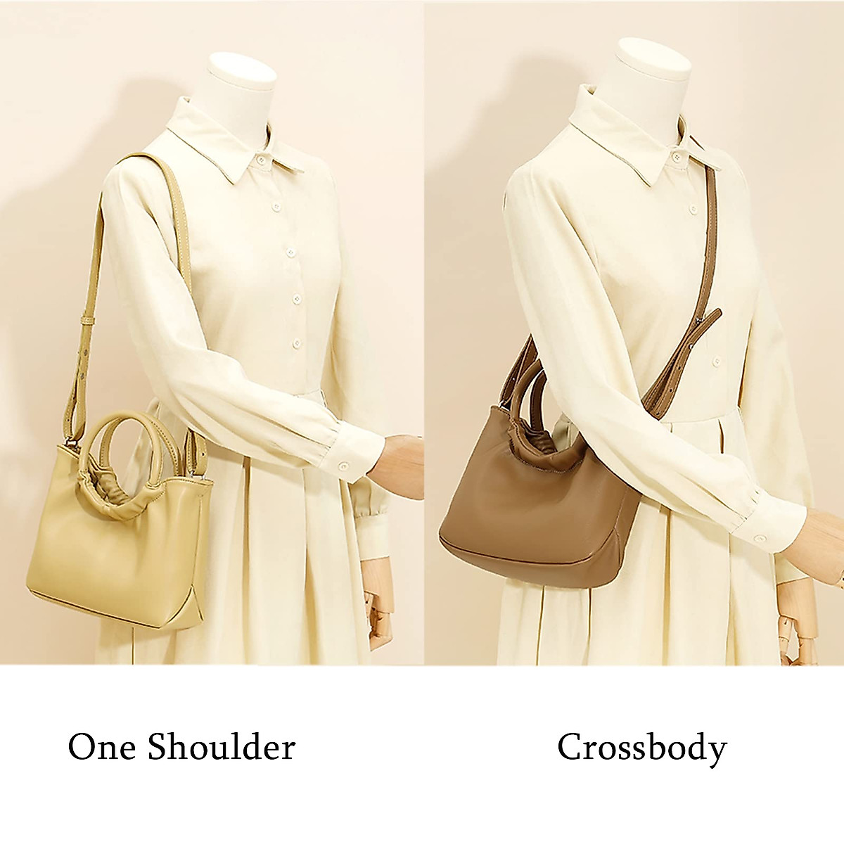 NVKIC Small Crossbody Bags for Women Soft PU Leather Cute Totes Trendy Retro Removable Strap Shoulder Handbag Mini Bucket Purse Beige Color