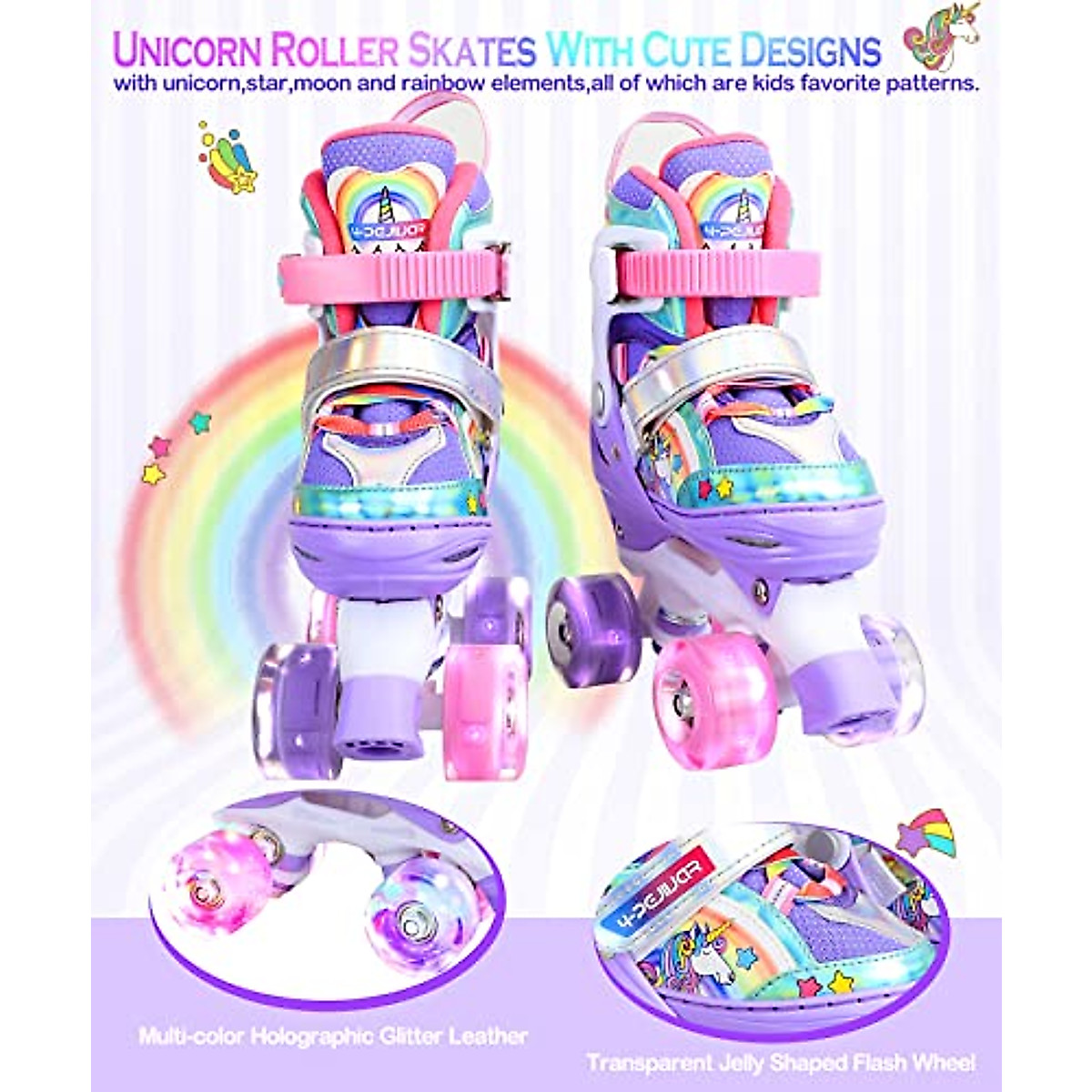 Rainbow Unicorn Kids Roller Skates for Girls Boys Toddler Ages 6-12,4-Pejiijar Adjustable Roller Shoes with Luminous Wheels for Birthday Xmas Gifts.