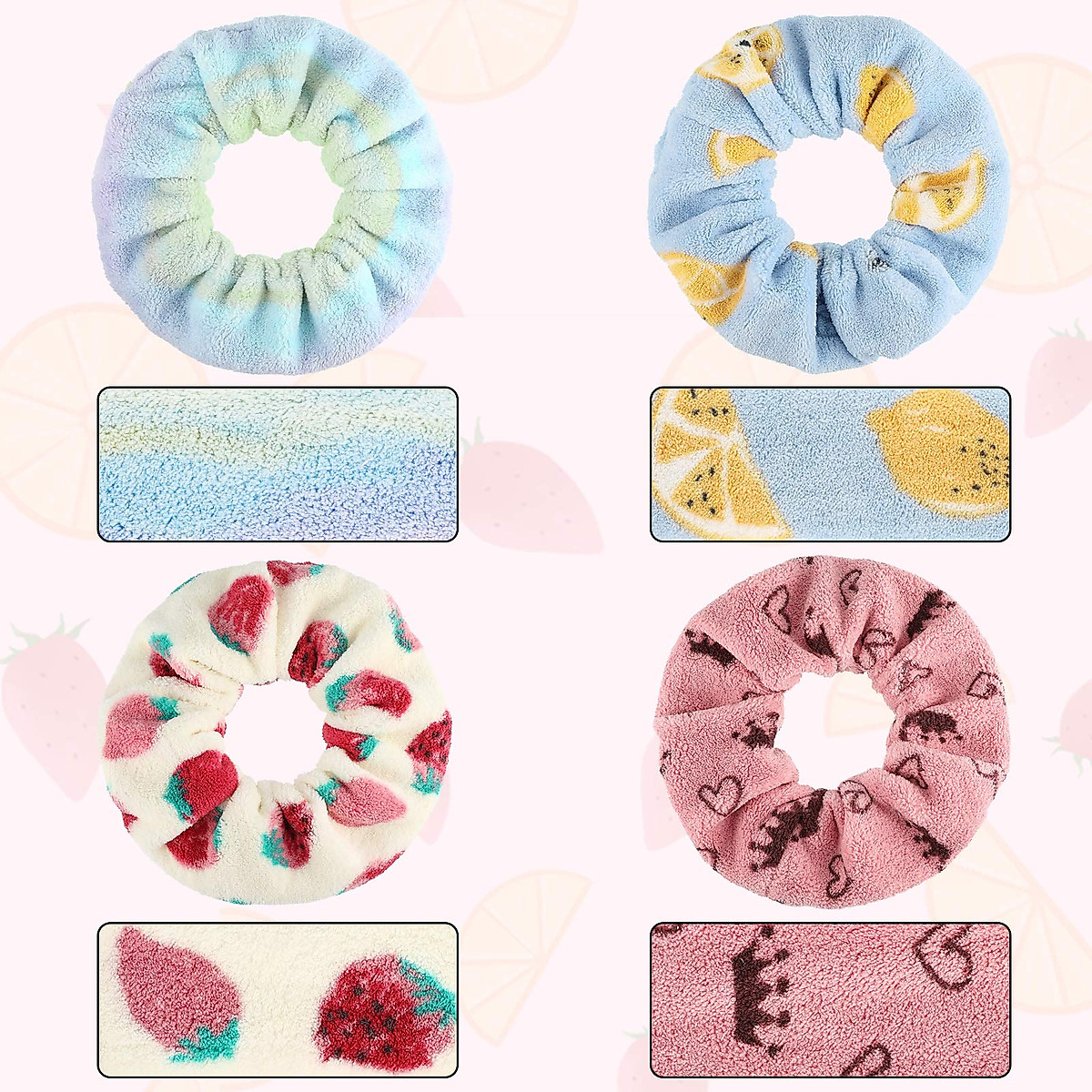 4 Pieces Large Soft Microfiber Hair Towel Scrunchies with Fuzzy Fruit-Shaped Pom Poms - Ponytail Holders for Wet and Dry Hair Styling Accessories for Women
