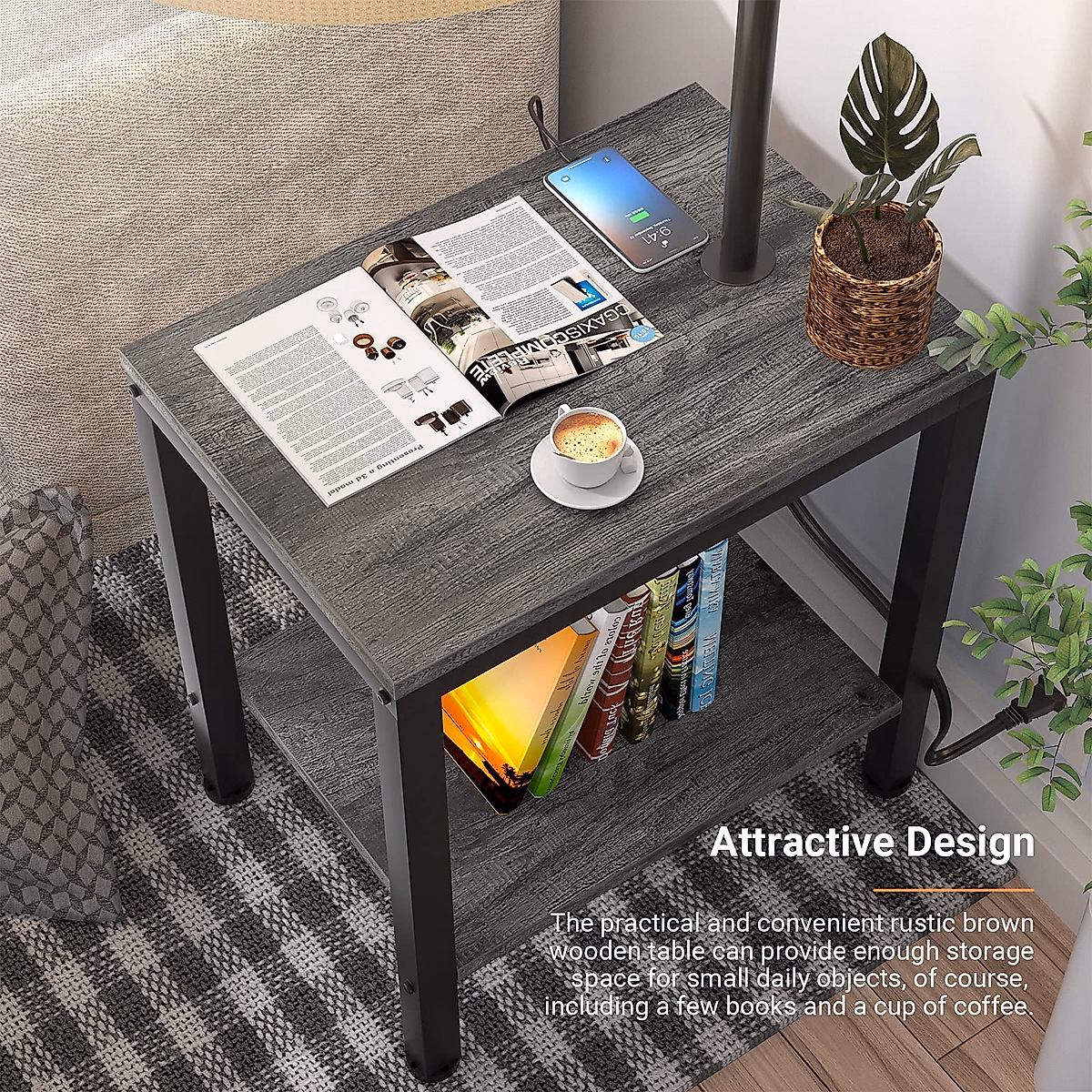 LityMax LED Floor Lamp with Table - End Table with USB Charging Port, Power Outlet, Bedside Nightstand Shelves, Side Table with Reading Standing Light for Living Room, Black Oak, Bulb Included, 2 Pack