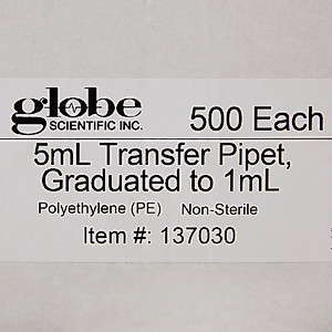 Globe Scientific Transfer Pipet, 137030-500, 5.0mL Capacity, Large Bulb, Non-Sterile, Graduated to 1mL, 145mm Length, Bulb Draw - 3.4mL, 500/Box