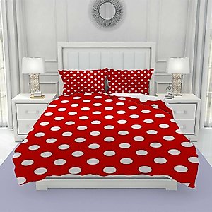 ColourLife Duvet Cover Sets White Polka Dot on Red Soft Microfiber Comforter Protector Set 3 PCS(1 Duvet and 2 Pillow Shams) Bedding Set Queen Size 90 x 90 Inches