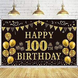 Trgowaul 100th Birthday Decorations for Men Women - Black and Gold 100th Birthday Backdrop Banner 5.9 X 3.6 Fts Happy 100th Birthday Party Supplies Photography Supplies Background