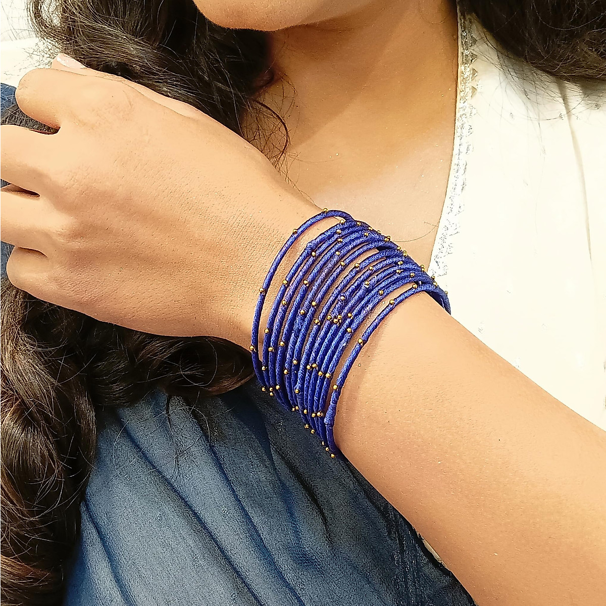 Efulgenz Fashion Jewelry Indian Bollywood Gold Plated Beaded Blue Silk Thread Wedding Bridal Bracelet Bangle Set (12 Pcs)