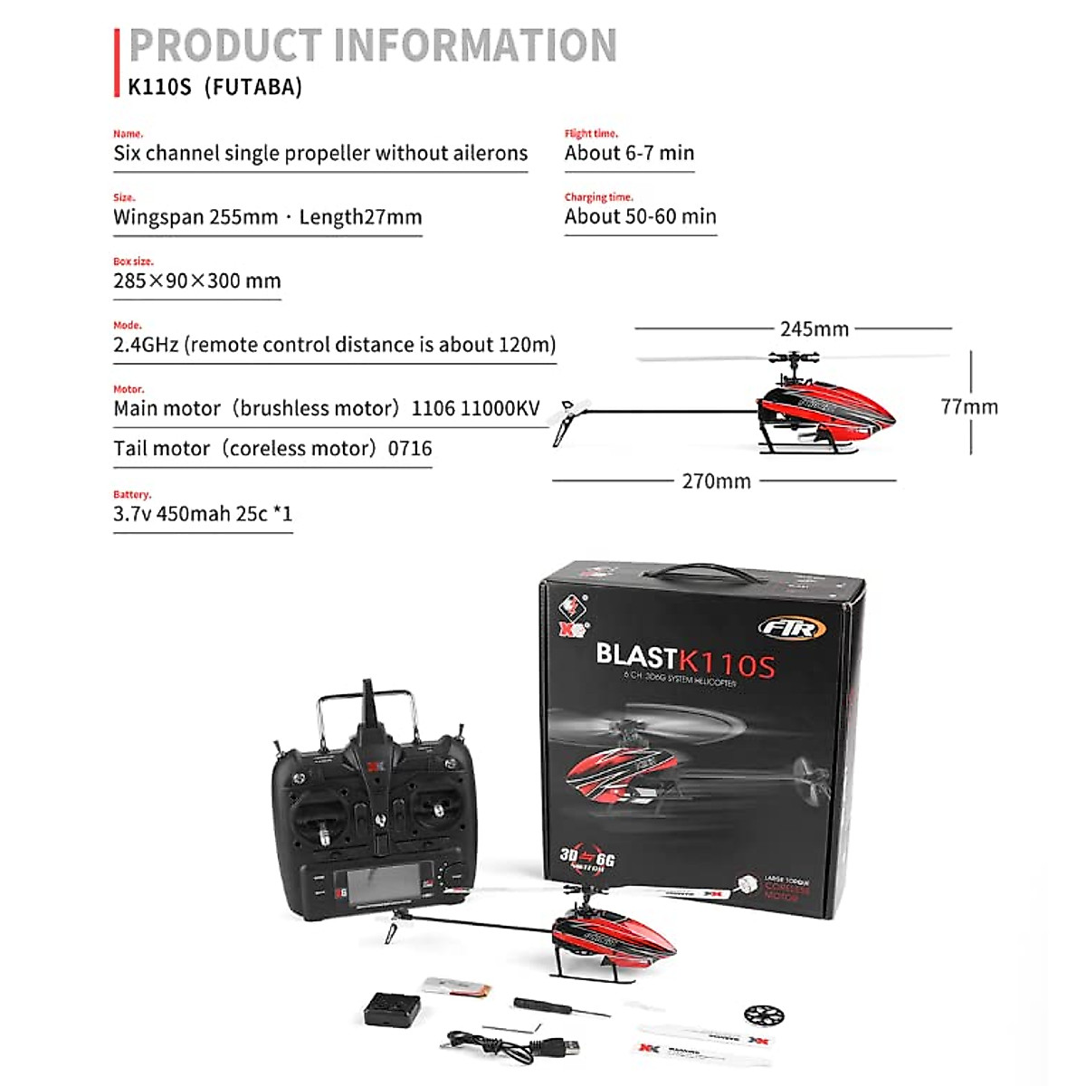 WLtoys K110S 6CH 3D/6G System K110S 2.4G 6CH Brushless 3D6G System Flybarless RC Helicopter for FUTABA S-FHSS K127 4CH (K110S 1 * 450mah)