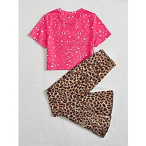 WDIRARA Girl's 2 Piece Outfit Floral Print Graphic Short Sleeve Tee Figure Graphic and Bell Bottom Flare Leg Pants Set Multicolor 10Y