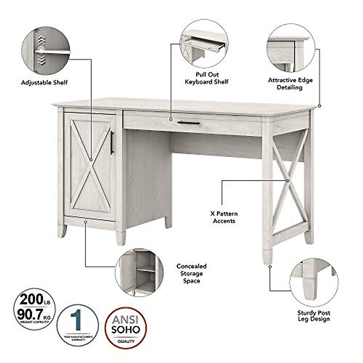 Bush Furniture Key West 54W Computer Desk with Storage and 2 Drawer Lateral File Cabinet in Linen White Oak