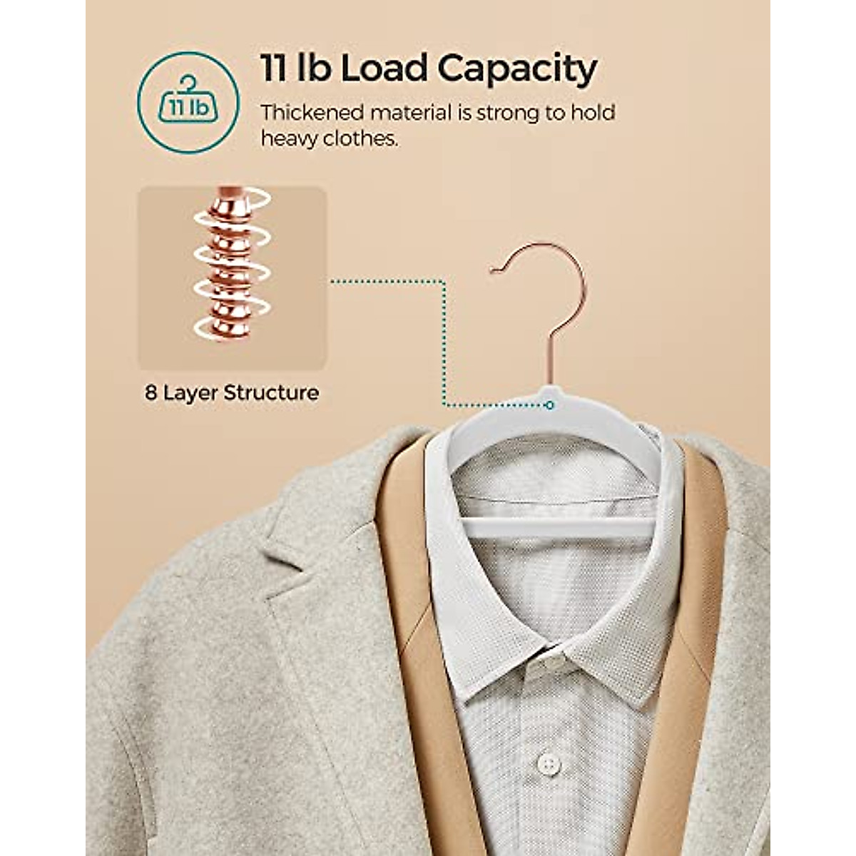 SONGMICS Velvet Hangers, Set of 50 Clothes Hanger with Rose Gold Swivel Hook, Non-Slip, and Space-Saving, 0.2-Inch Thick, 17.1-Inch Long for Coat, Shirt, Dress, Pants, Tie, White UCRF021W02