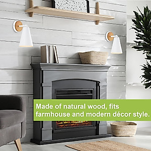 haultop Wooden Battery Operated Wall Sconce with Remote, White Wall Sconces Set of Two, Battery Operated Wall Sconces Set of Two Non Hardwired, Indoor Battery Sconces for Gallery, Bedroom, Corridor