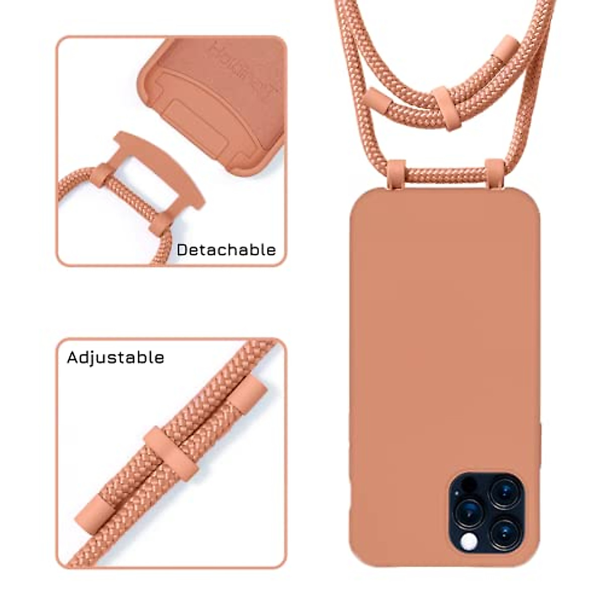 HoldingIT Crossbody Phone Case with Detachable Lanyard Compatible with iPhone 12 Pro Max, 2-in-1 Hands Free iPhone Cover with Drop Protection, Adjustable Rope Peach