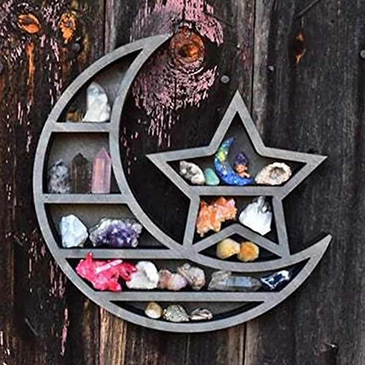 Wooden Crystal Display Shelf, Star On The Moon Shape Crystal Holder for Crystals Stones, Essential Oils Small Plant and Art, Hanging Floating Shelves Gothic Witchy Decor Wall Décor for Home, Office