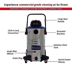Koblenz Stainless Wet-Dry 6.5 HP Vacuum Cleaner and Blower with Rear Pull Handle, 16 Gallon Tank, Stainless Steel/Black