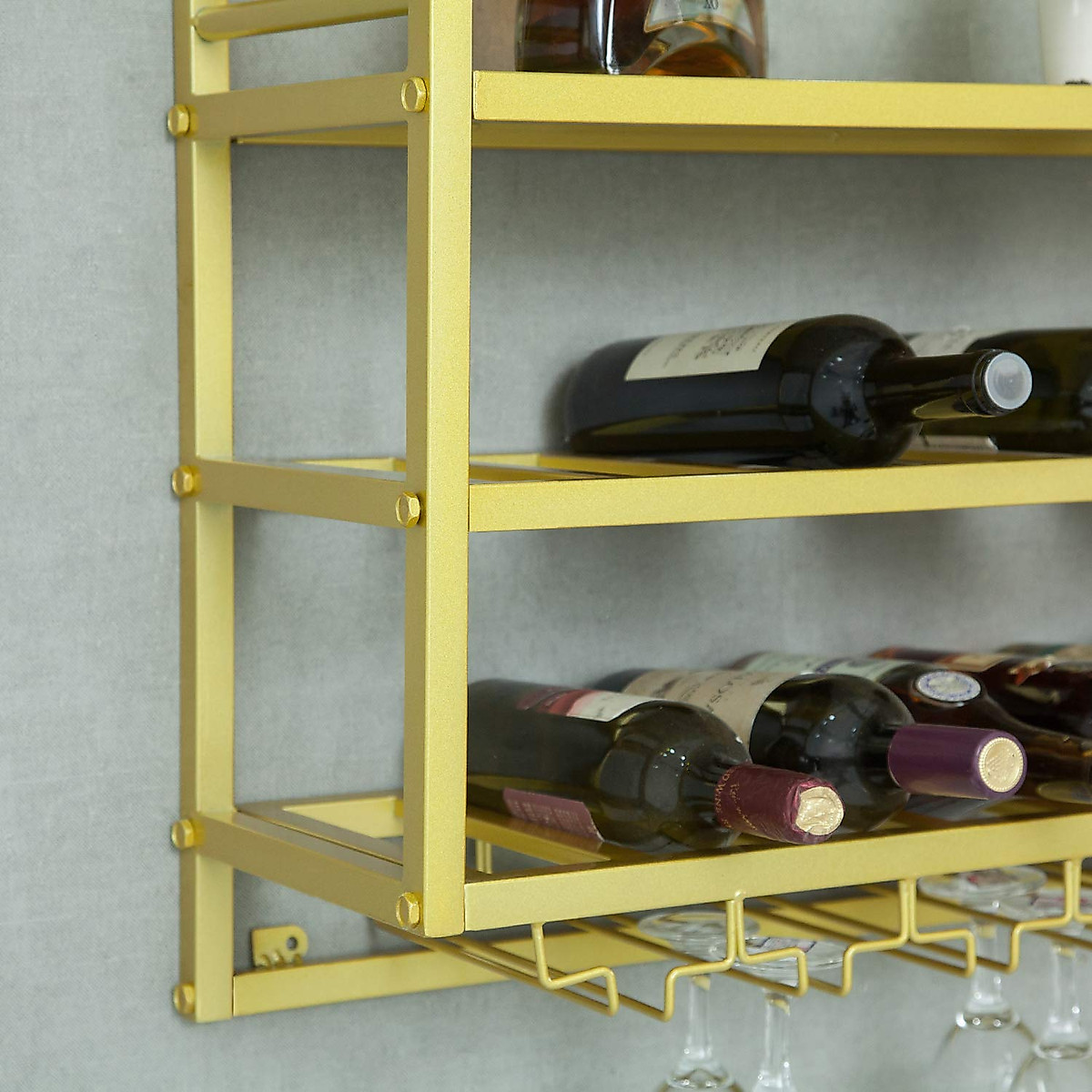 Modern 3-Tier Wall-Mounted Wine Rack, 20 Bottles and Glass Holder, Metal Wine Storage Rack Organizer, Wine Display Shelf for Home Kitchen Bar Restaurant (L: 31.5'', Gold)