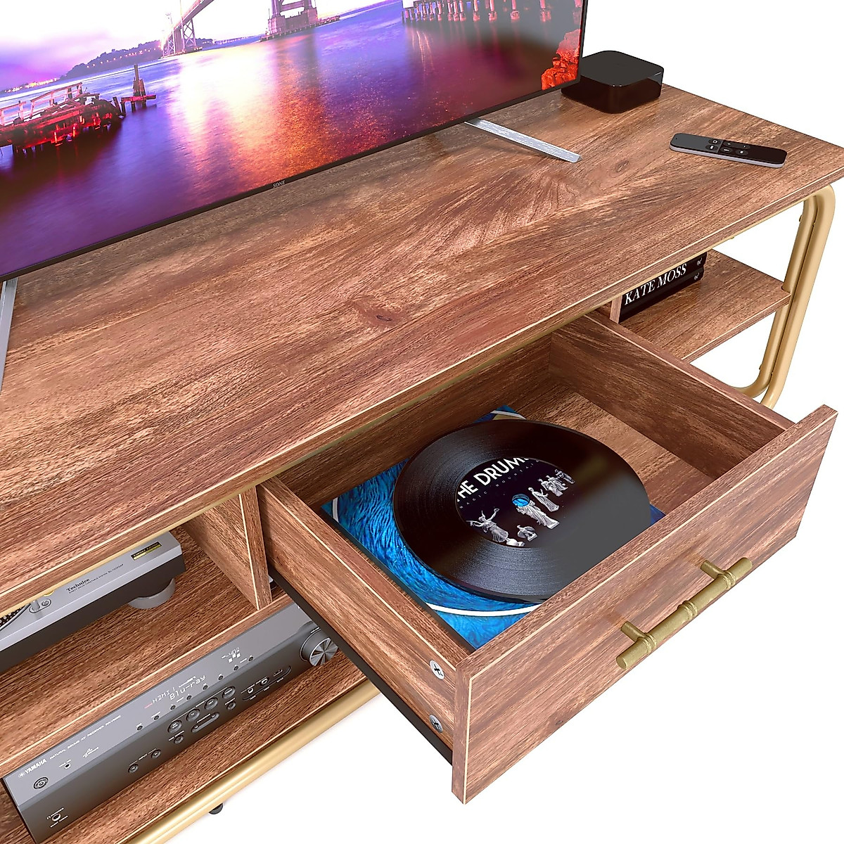 Annivia Television Stands TV Console Table with 4 Storage Shelves & Drawer -Universal TV Stand Media Cabinet for Flat Screen TV, Coffee Table Home Entertainment Center for Living Room, Office,Rosewood