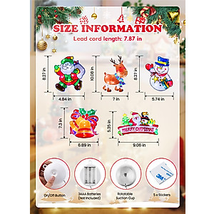 Minetom 5pcs Christmas Window Lights Decorations, Battery Operated with Suction Cup Hook Light Up Santa Claus-Reindeer-Xmas-Snowman Shaped for Christmas Window Decorations Glass Wall Indoor Decor