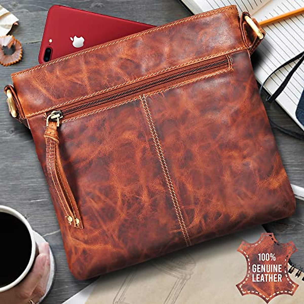 LEVOGUE Genuine Leather Crossbody Handbag for Women - Shoulder bag for Womens Handmade by VALENCHI (Cognac Vintage-Flower)