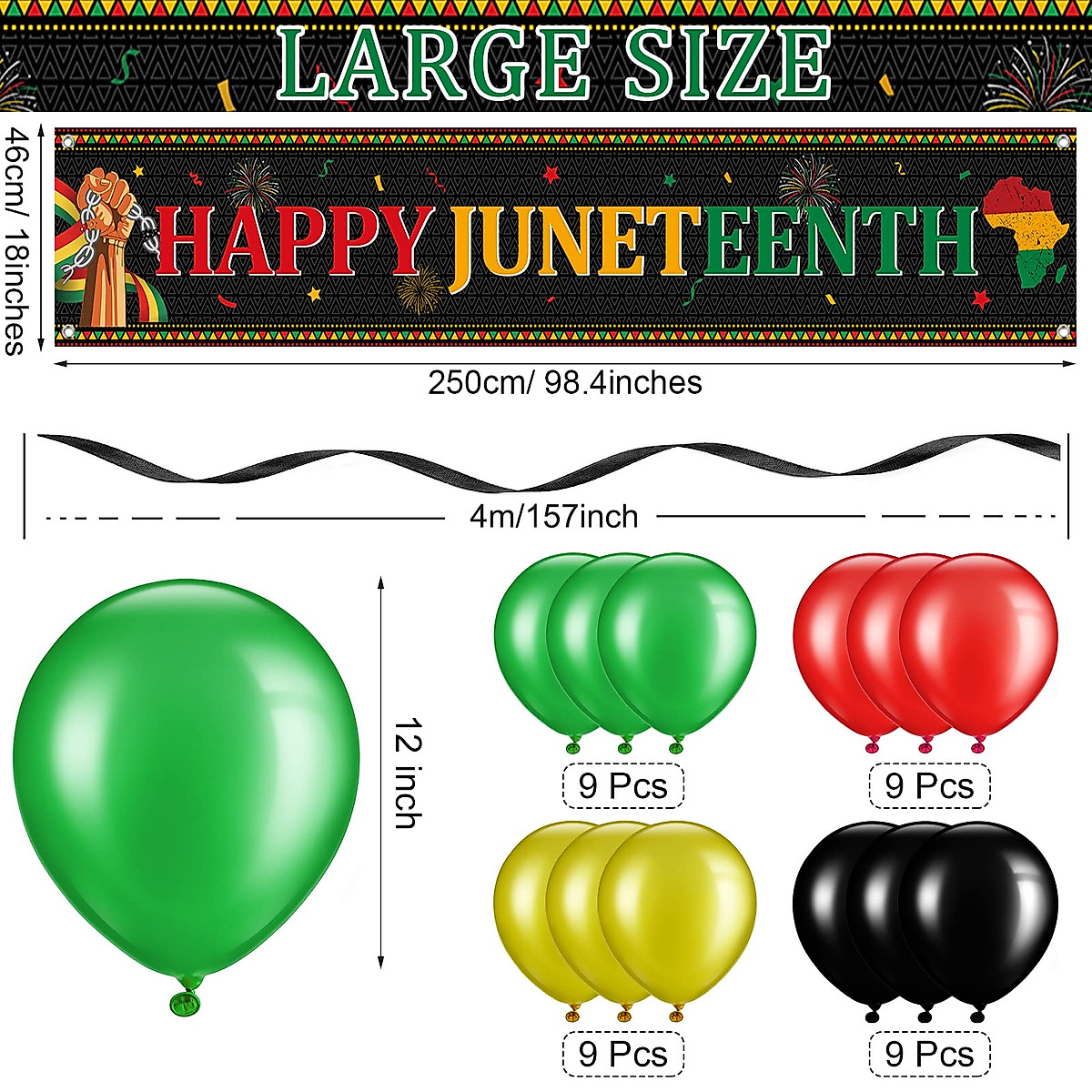 38Pcs Happy Juneteenth Decorations,Large Fabric Juneteenth Banner Patriotic Yard Sign and 36 Pieces Latex Balloons Ribbon for Juneteenth African Afro American June 19th Holiday Birthday Party Supplies
