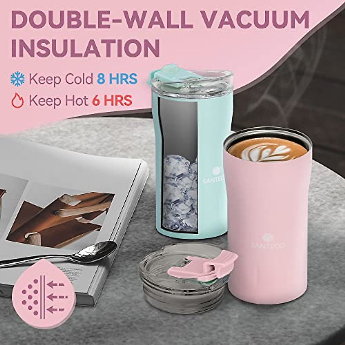 SANTECO Travel Coffee Mug 12 oz, Insulated Coffee Cups with Flip Lid, Stainless Steel Coffee Mugs Spill Proof, Double Wall Vacuum Tumblers, Reusable To Go Mug for Hot/Ice Coffee Tea - Pink