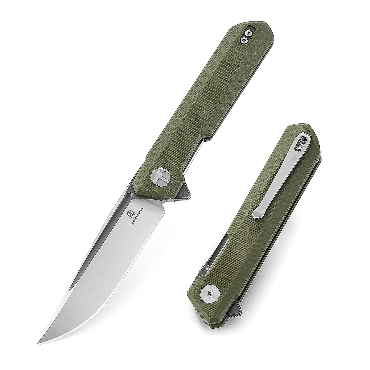 BESTECHMAN Dundee Pocket Folder Folding Knife: 3.35" D2 Steel Grey titanized Satin Blade, G10 Scales, Flipper, Liner Lock, EDC Reversible Deep Clip, BMK01E (OD Green Handle)
