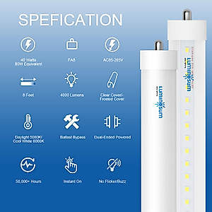 LUMINOSUM T8/T10/T12 LED Tube Light 8 Foot 40W, 80W Equivalent, Single Pin FA8 Base, Dual-End Power Ballast Bypass, Frosted Cover, Daylight 5000k, ETL Certified, 20-Pack