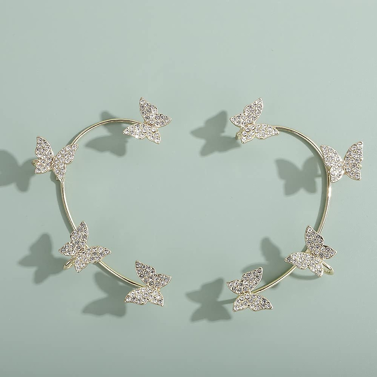 Jumwrit Rhinestone Butterfly Ear Cuffs Non Piercing Ear Clips Ear Cuffs Climber Crawler Earrings Ear Wrap Around Earrings for Women and Girls（Gold）