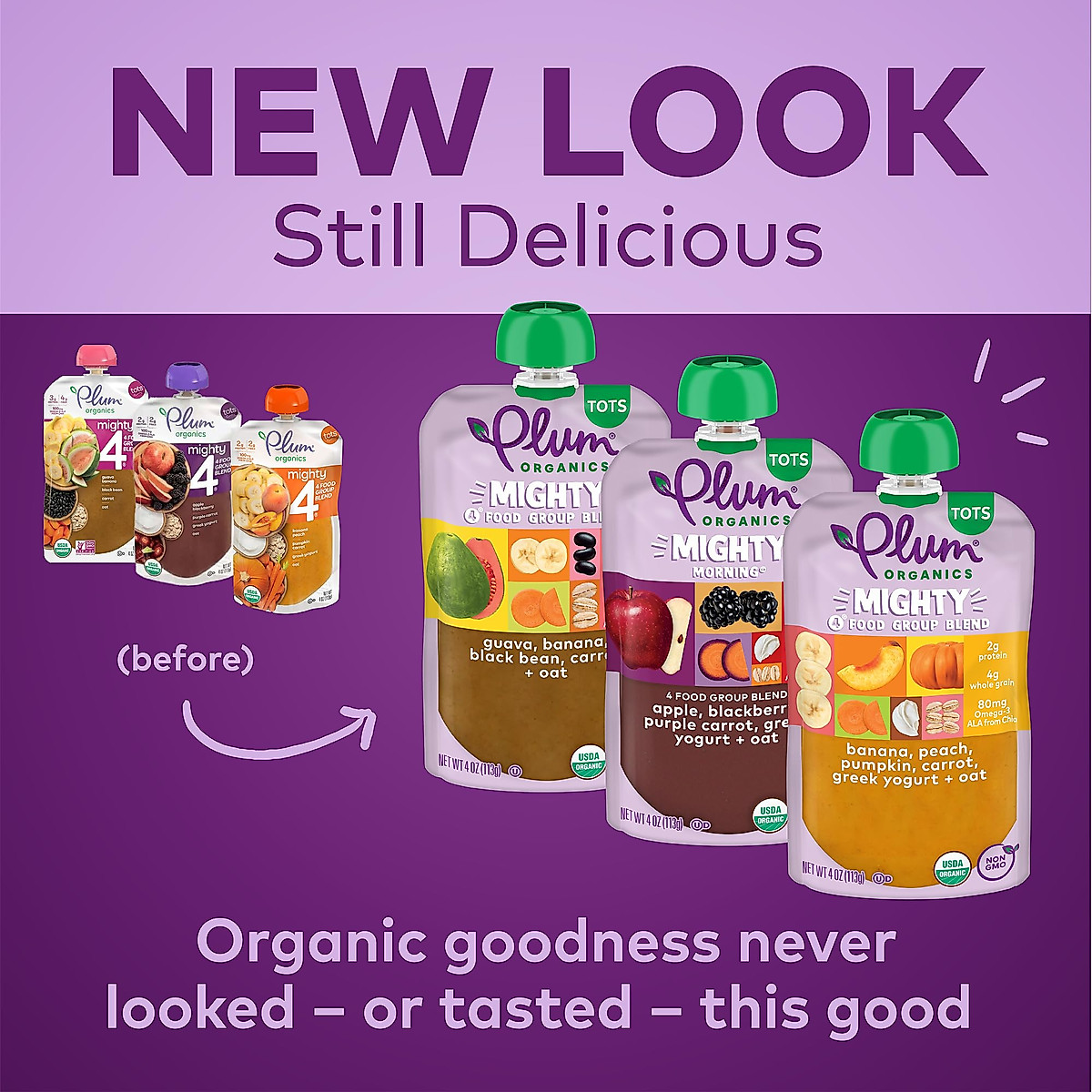 Plum Organics Mighty 4 Organic Toddler Food - 4 Food Group Blend Variety Pack - 4 oz Pouch (Pack of 18) - Organic Fruit and Vegetable Toddler Food Pouch (Amazon Exclusive)