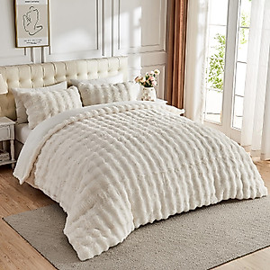 Lotus Karen Fluffy Comforter Queen Set Cover Set-Rabbit Fluff Faux Fur Duvet Cover Queen Size,Cream White Plush Fuzzy Furry Bedding Sets 3Pieces(1 Duvet Cover & 2 Pillow Shams),Zipper Closure