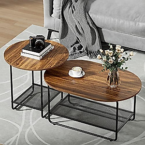 Amada Coffee Table Set, 2-Tier Center Table with Open Shelf and Metal Frame, Modern Round Coffee Table for Living Room, Set of 2, AMCT2V
