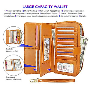 nuoku Wallet for Women RFID Blocking Credit Card Holder with Large Capacity Leather Wristlet (Brown)