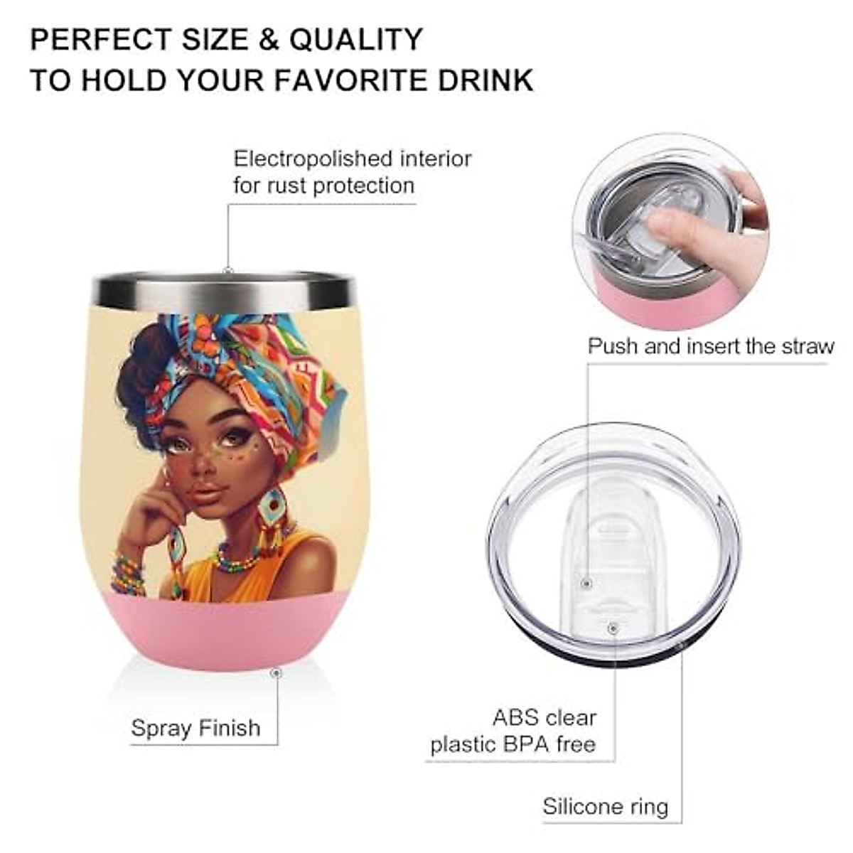 African Ame-rican Woman Insulated Tumbler with Lid Stainless Steel Coffee Mug Cute Wine Tea Water Cup Pink-style