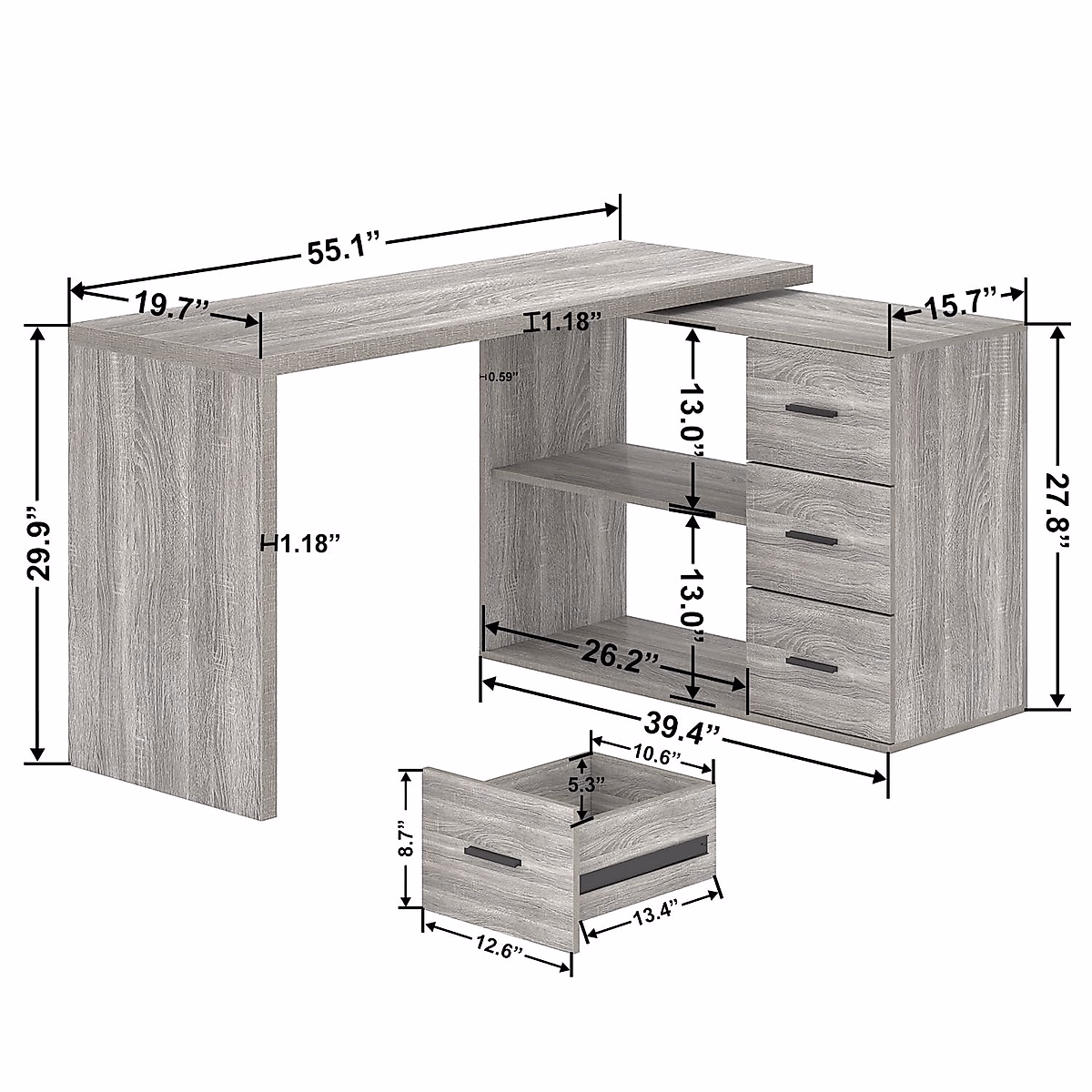 HSH L Shape Desk with Drawers, L-Shaped Desk with Storage Cabinet Shelves, Home Office Corner Computer Desk for Executive Writing, Modern Wood Study PC Table in Bedroom Living Room, Grey Oak, 55 Inch