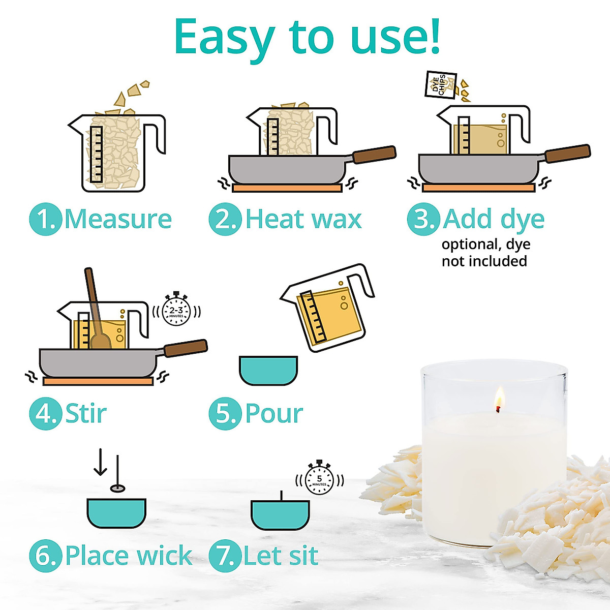 Hearts & Crafts Natural Soy Wax for Candle Making - 5lbs Natural Soy Wax - 100 6-Inch Pre-Waxed Candle Wicks, 2 Metal Centering Devices, 5lbs Soy Wax Flakes - Candle Wax for Candle Making Wax Supplies