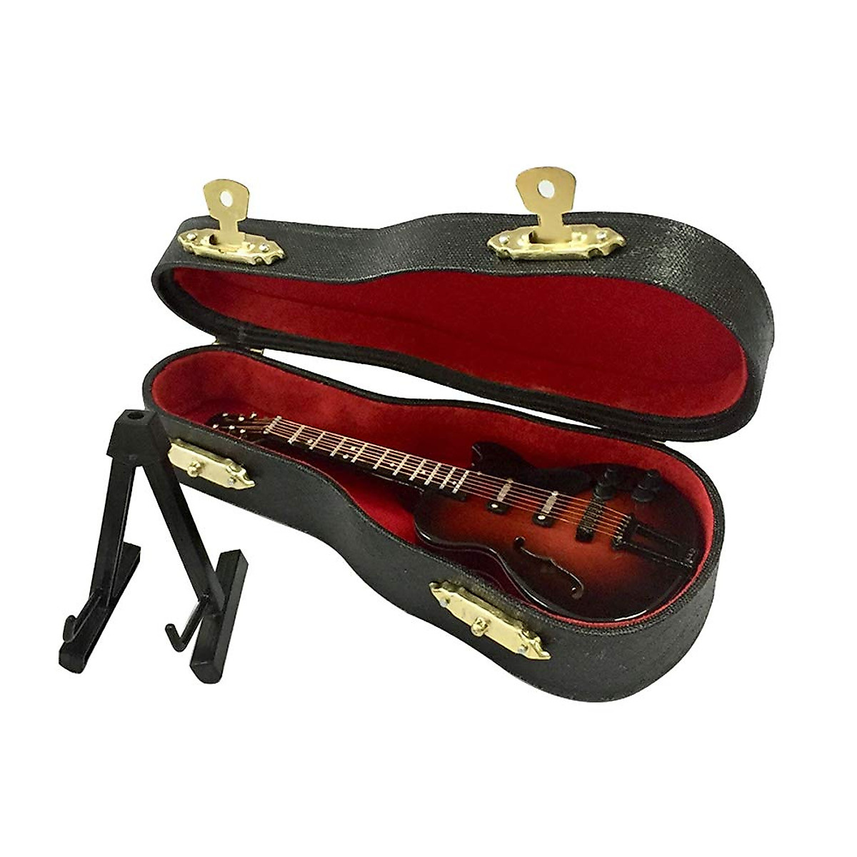 Denpetec Wooden Miniature Electric Guitar with Case and Stand Miniature Guitar Model Home Decor Display Ornaments