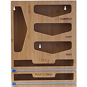 Foil And Plastic Wrap Organizer With Cutter & Ziplock Bag Storage, Baggie Food Holders For Sandwich, Snack Gallon, Quart Bag, Bamboo Aluminum Dispenser Labels, 43*33*7