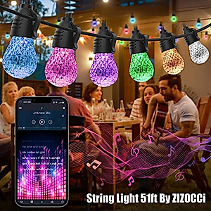 ZIZOCCI String Lights for Outside, String Lights Outdoor, String Lights Indoor, 51ft Patio Shatterproof Waterproof, Remote Control & App, Wedding, Christmas, Birthday, Balcony, Garden Party