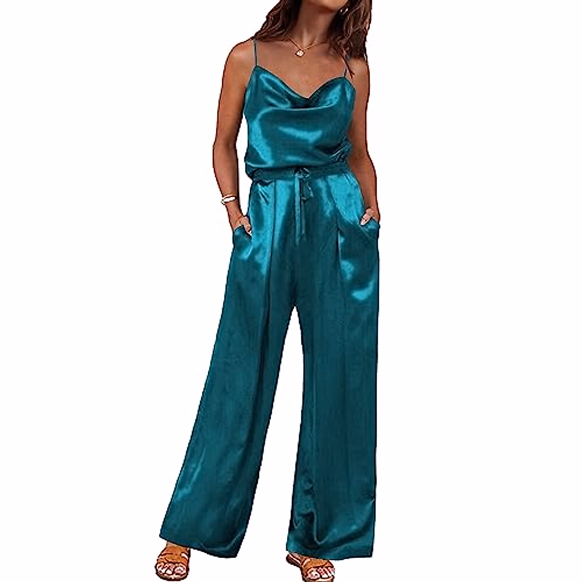 Ekouaer Lounge Wear Sets Women's Summer Silk Sleeping Pajamas Satin Cami Top with Long Pants Gift Set 2 Piece Tracksuit Blue Green,XXL