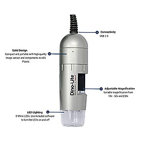 Dino-Lite USB Digital Microscope AM3111-0.3MP, 10x - 50x, 230x Optical Magnification, 8 LEDs