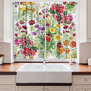 Ambesonne Flower Kitchen Curtains, Floral Design Garden Like Romantic Theme Image with Leaves Rose Blooms Daisies Image, Window Drapes 2 Panel Set for Kitchen Cafe Decor, 55" X 39", Yellow Pink