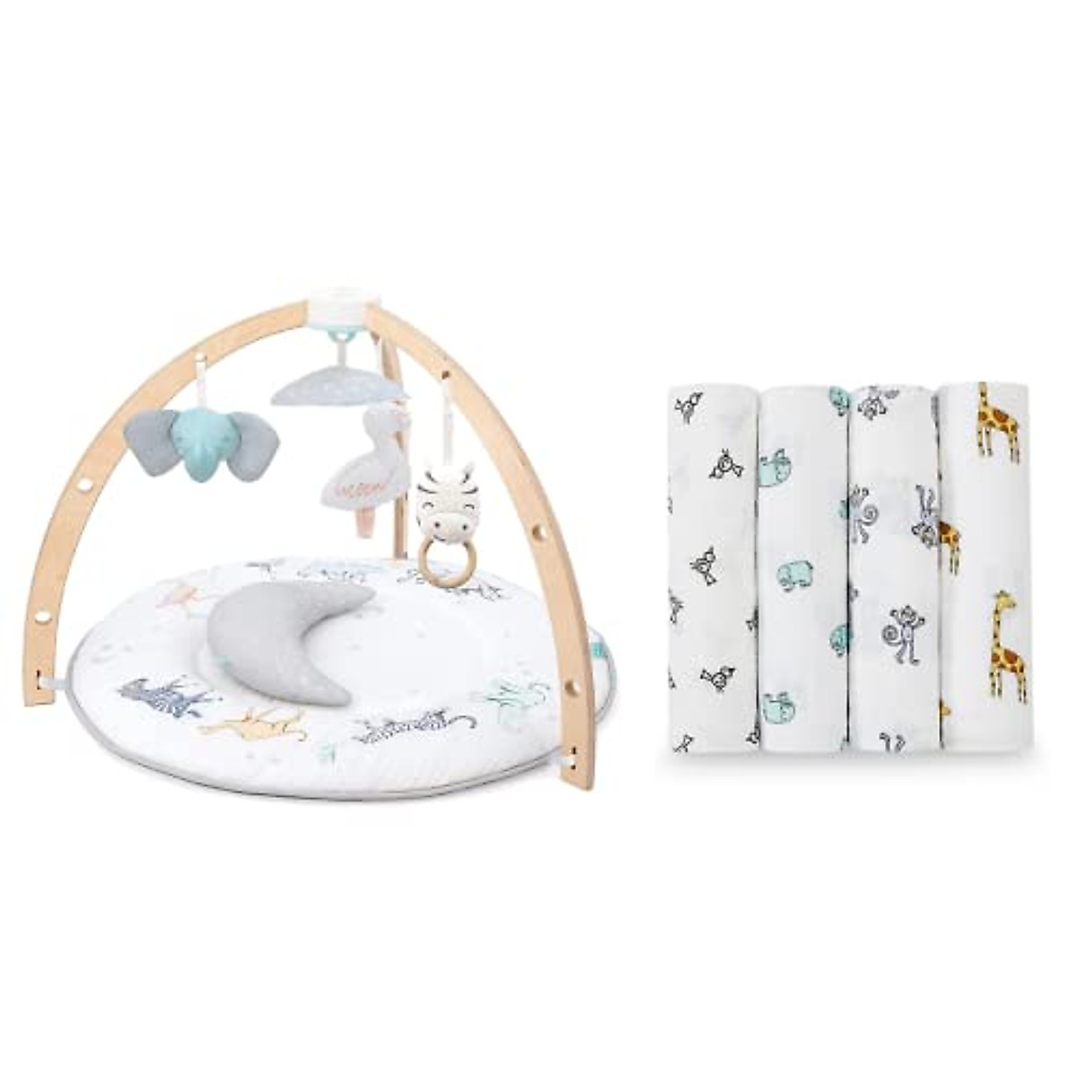 aden + anais Git Set Bundle - Play and Discover Baby Activity Gym - Jungle Jam Swaddle Blanket, 4 Pack