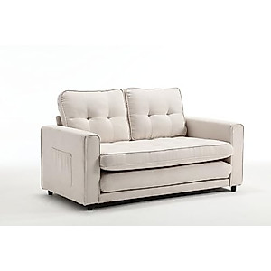 FULife Convertible Loveseat Sofa Futon Couch Sleeper Pullout Chaise Lounge Recliner Chair Reversible Folding Daybed Guest Bed, Beige Velvet Fabric 55”w